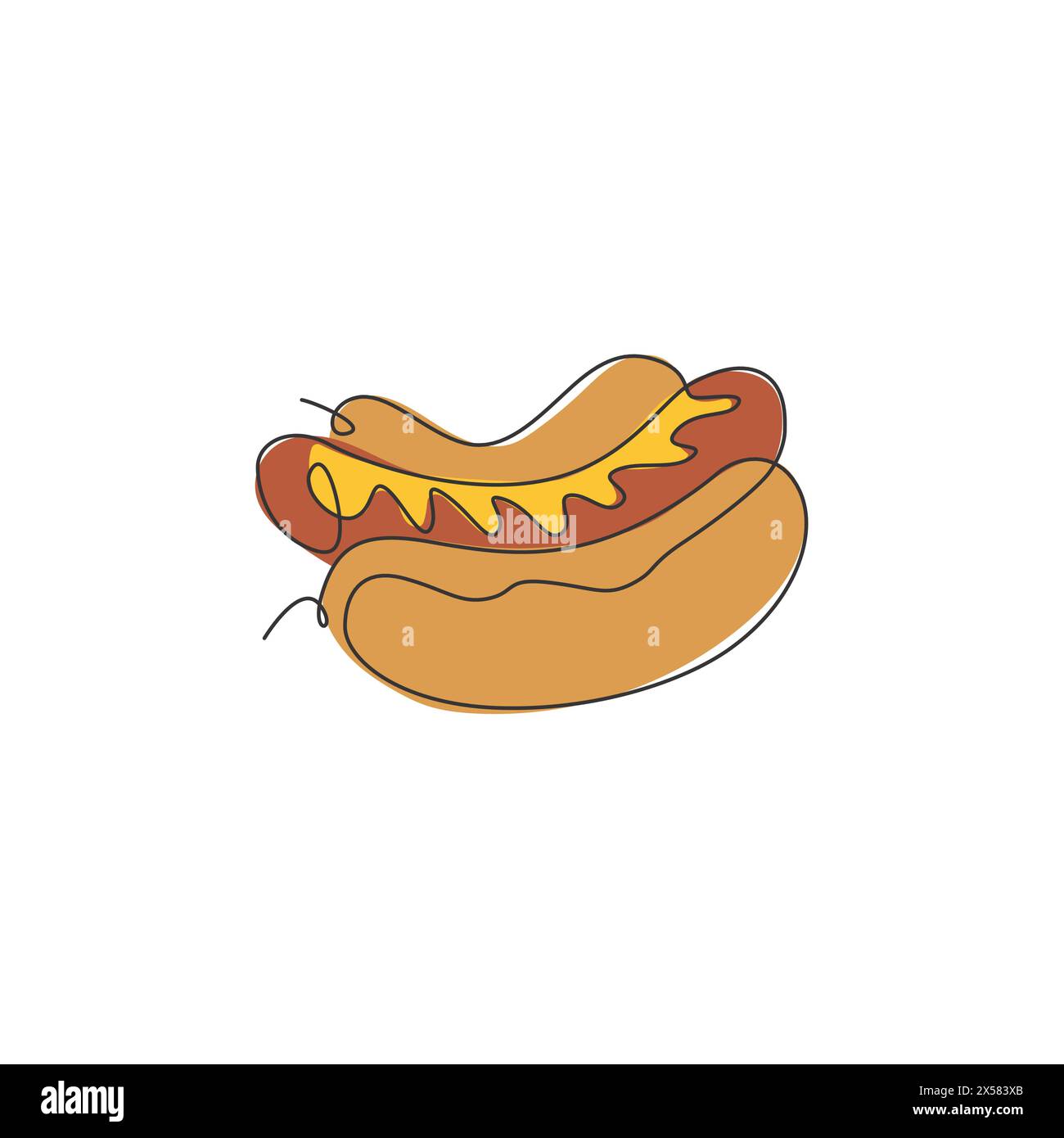 Single continuous line drawing of American hot dog logo label. Emblem ...