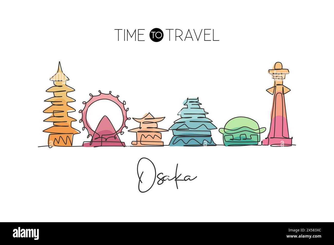 One single line drawing of Osaka city skyline, Japan. Historical town ...