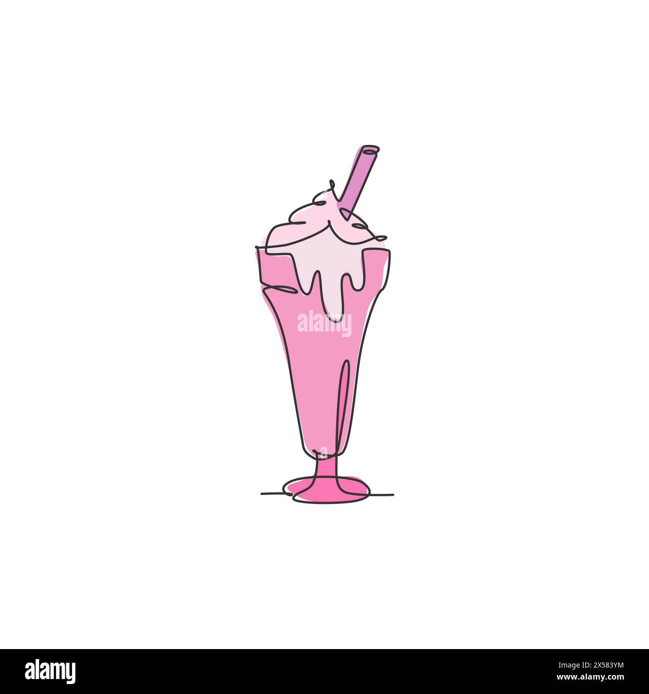 One single line drawing of fresh sweet milkshake with wafer stick logo ...