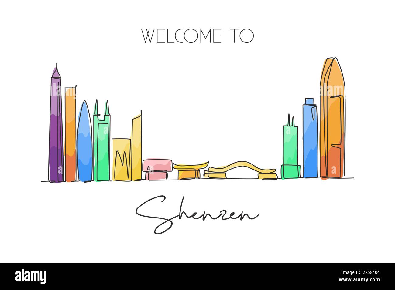 One continuous line drawing Shenzhen city skyline, China. Beautiful ...