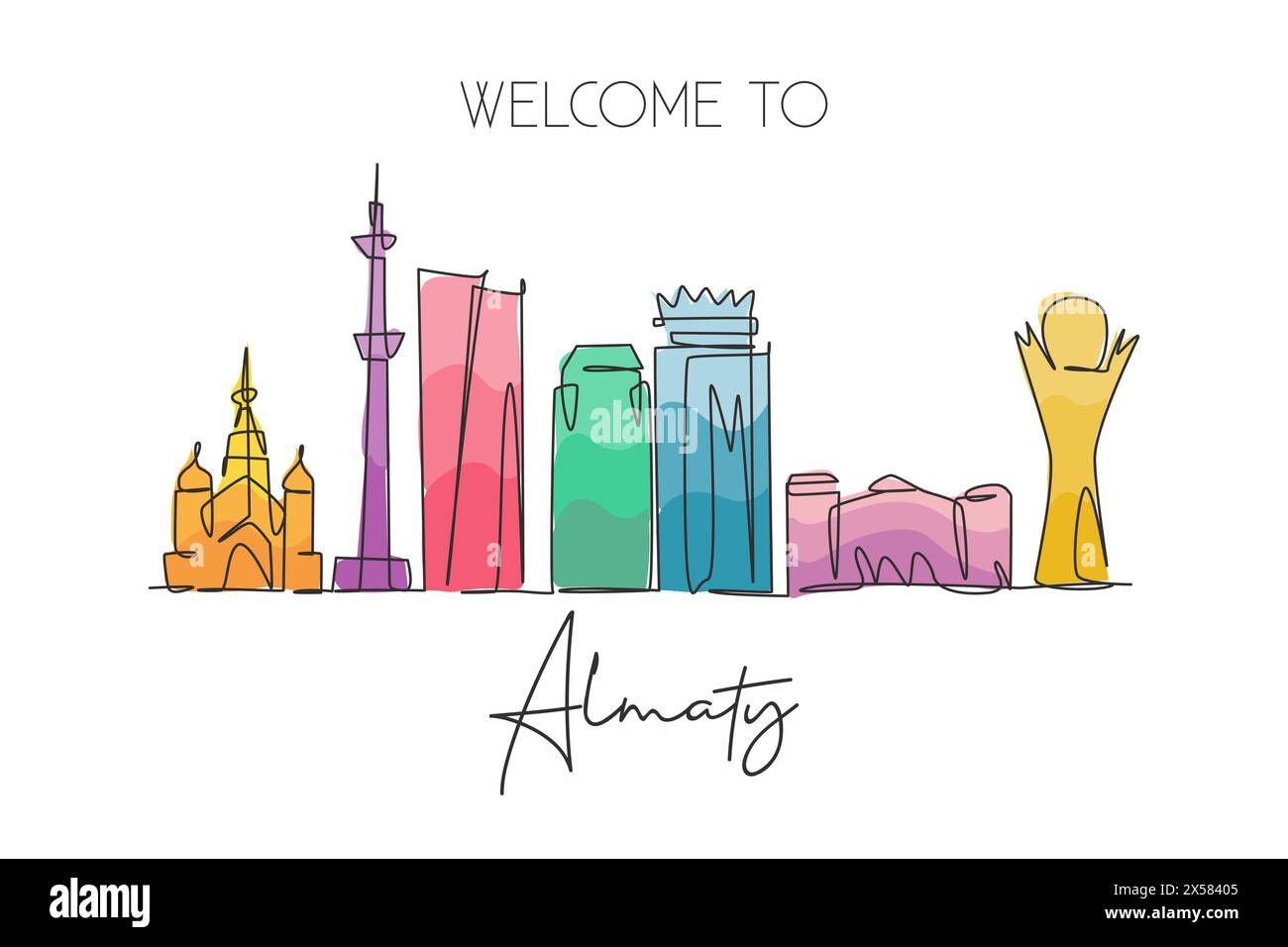 One continuous line drawing of Almaty city skyline, Kazakhstan ...