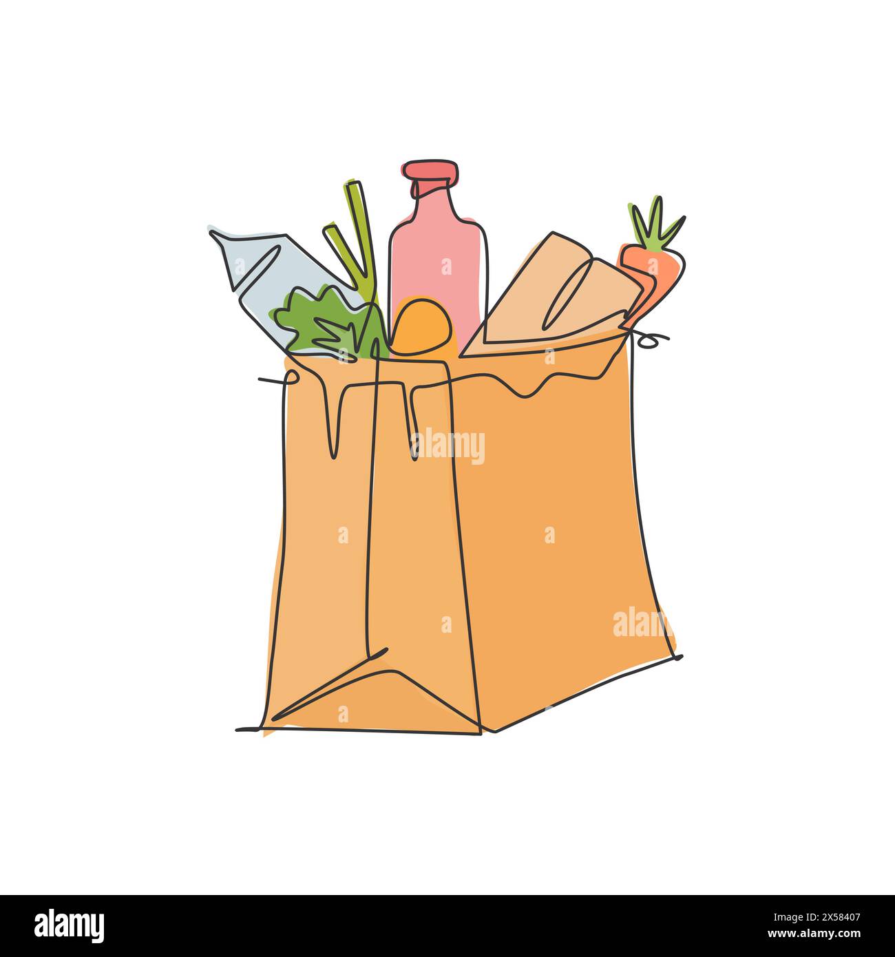 One single line drawing of fresh paper grocery bag contain milk, carrot ...