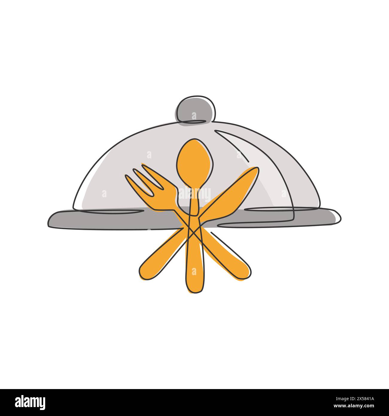 One continuous line drawing of food tray cover cloche with fork, spoon ...