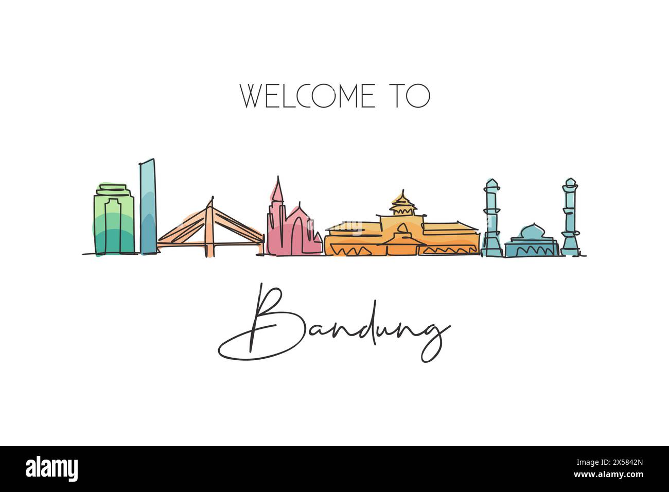 One continuous line drawing of Bandung city skyline, India. Beautiful ...