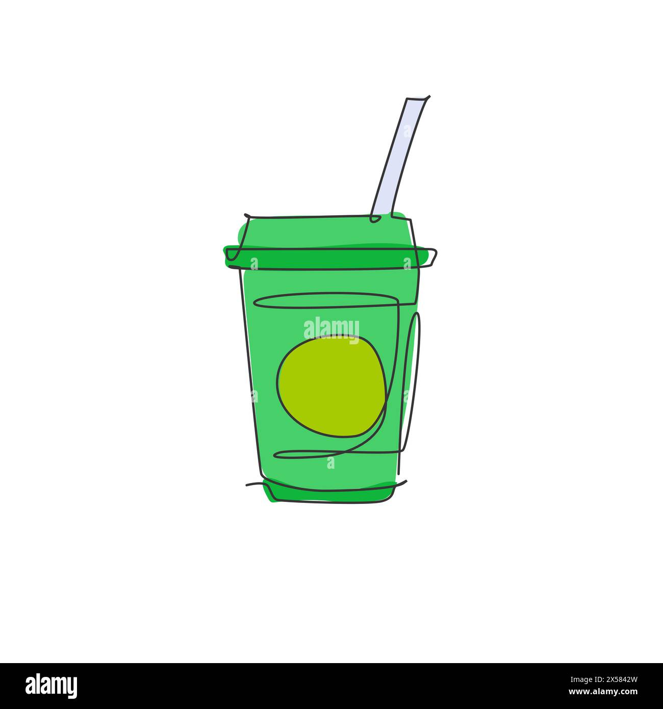 One single line drawing of fresh soft drink on plastic glass logo ...