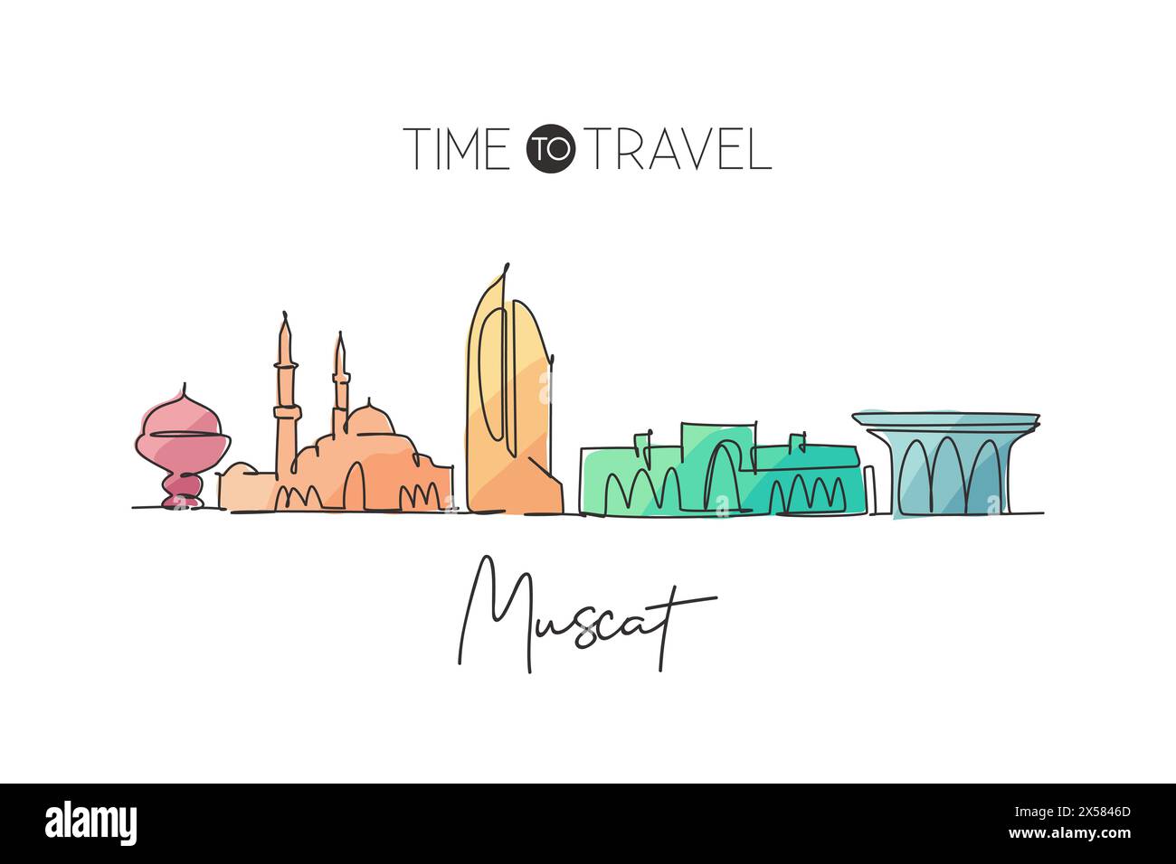 One single line drawing of Muscat city skyline, Oman. Historical town ...