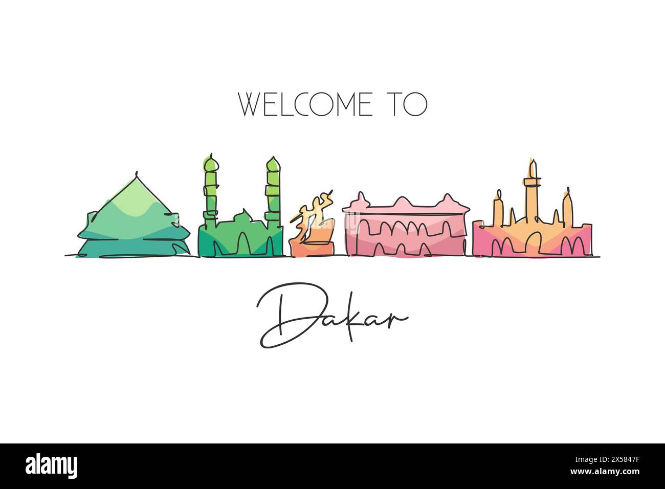 Single continuous line drawing Dakar city skyline, Senegal. Famous city ...