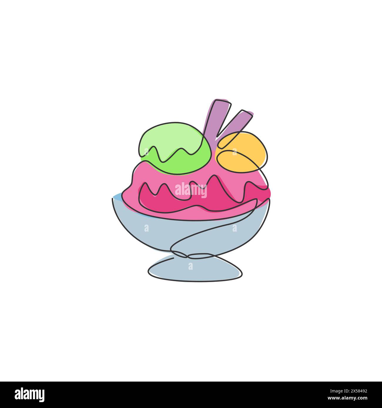 One continuous line drawing fresh delicious sundae ice cream restaurant ...