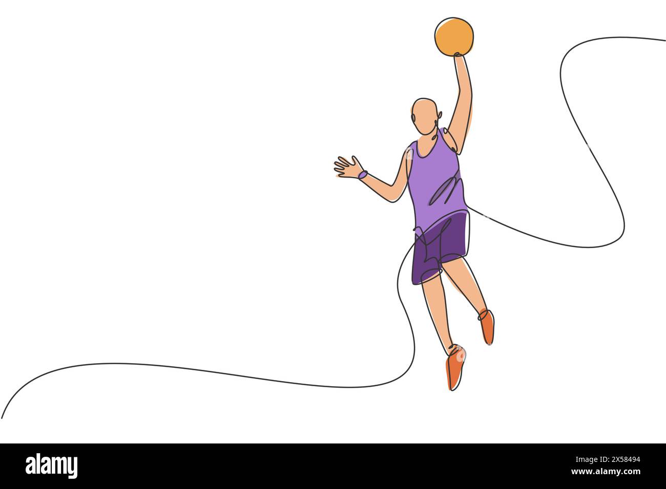 One continuous line drawing of young basketball player jumping to shot ...