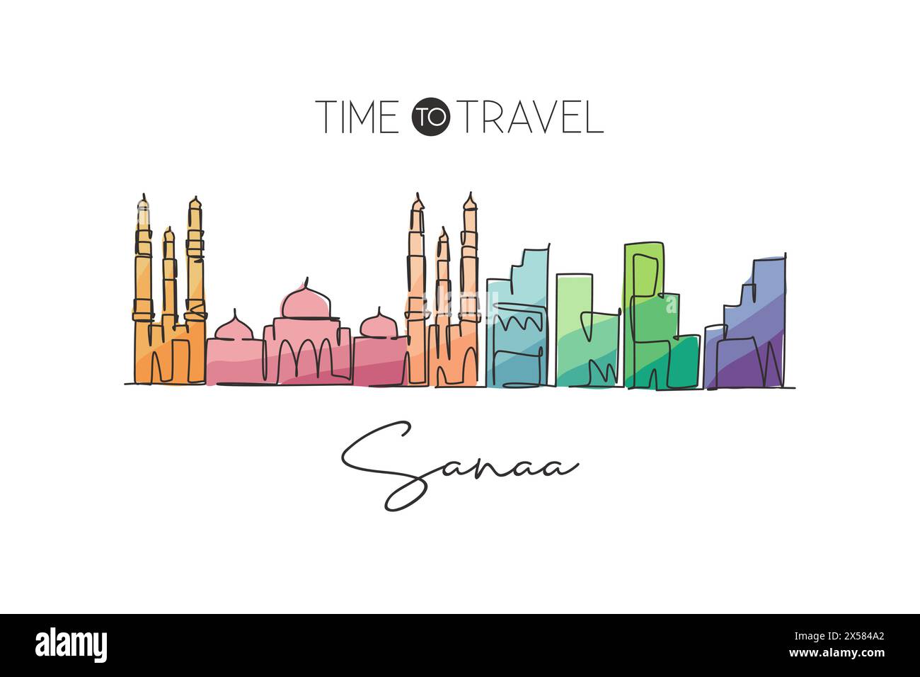 One single line drawing of Sana'a city skyline, Yemen. World historical ...
