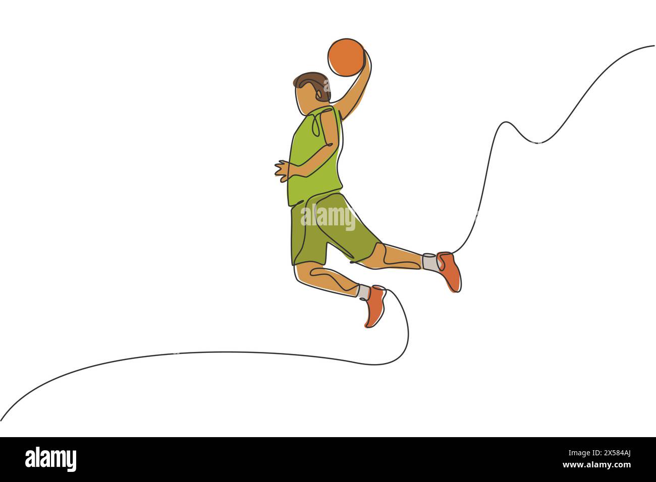 One single line drawing of young energetic basketball player slam dunk ...
