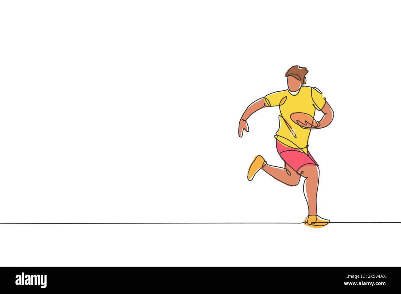 Single continuous line drawing of young agile rugby player running and ...