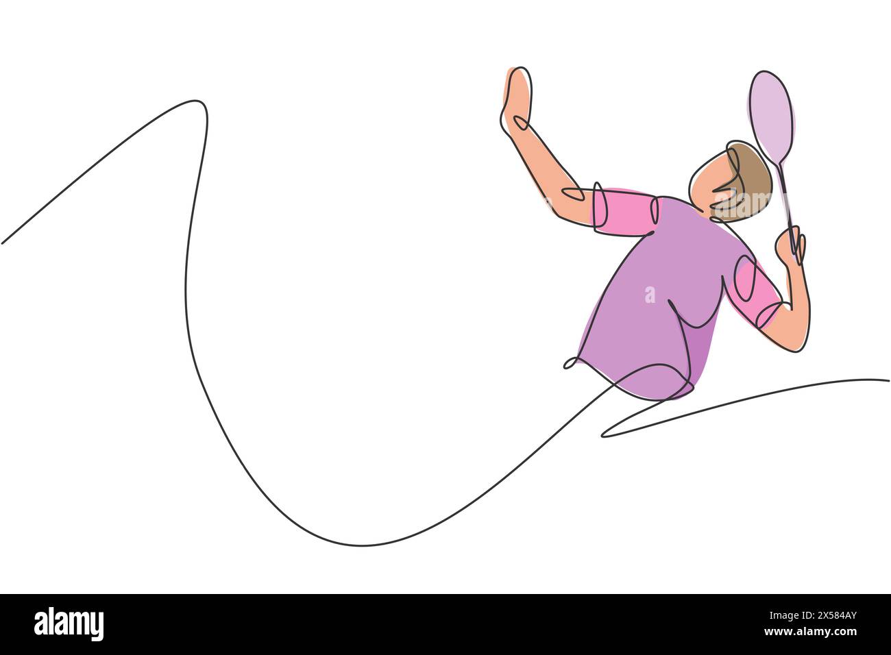 One continuous line drawing of young badminton player hit shuttlecock ...