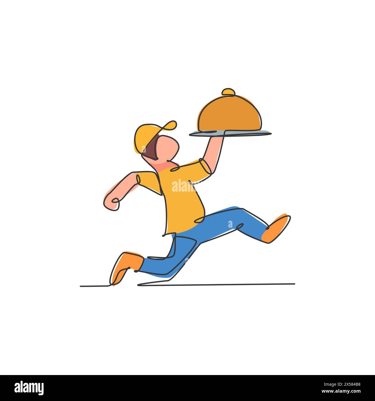 One single line drawing happy young man carrying steel tray cover ...