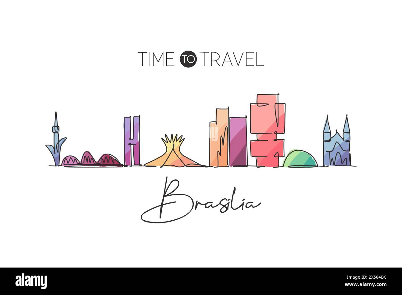 Single continuous line drawing of Brasilia skyline, Brazil. Famous city ...