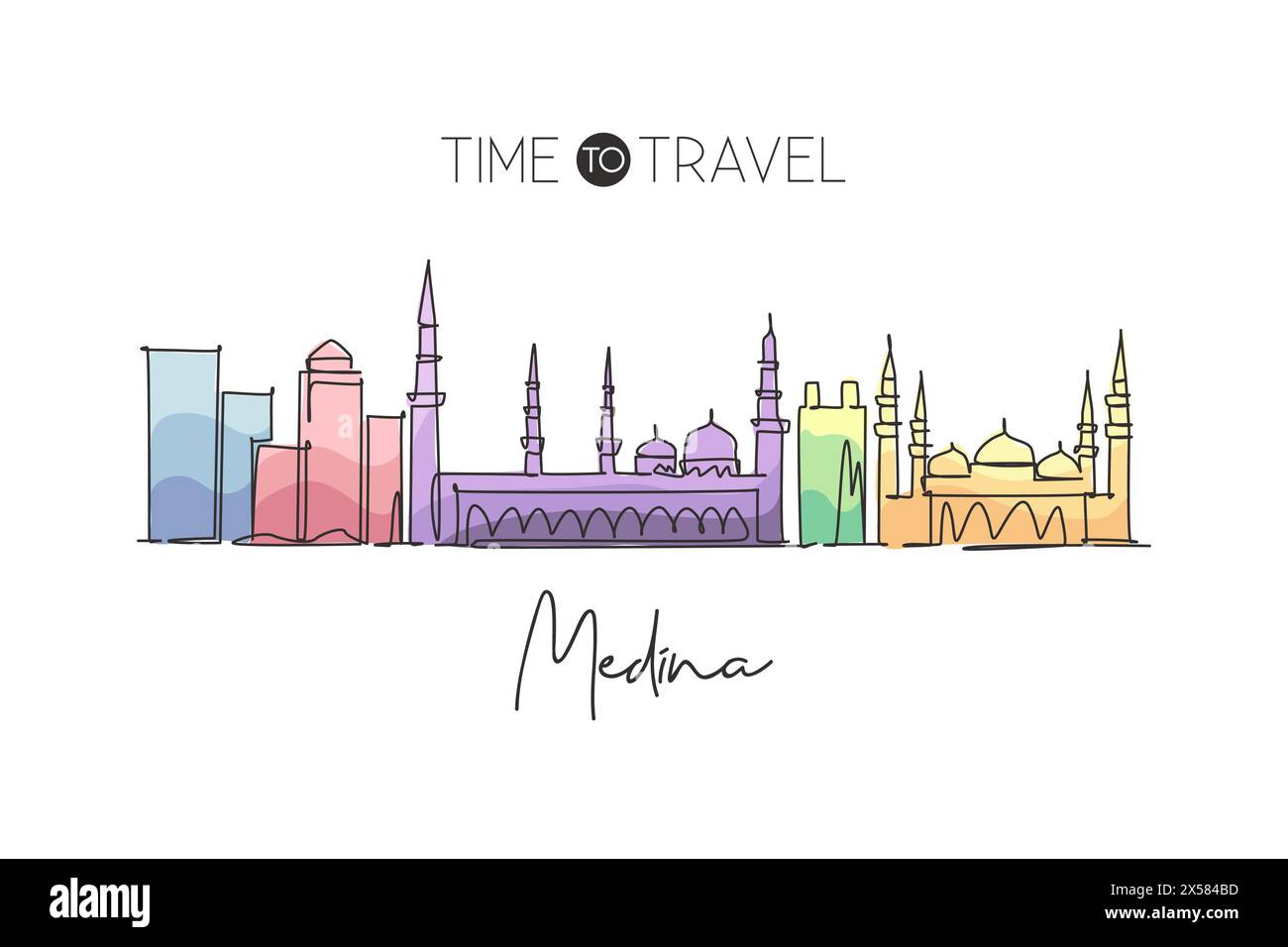 One continuous line drawing of Medina city skyline, Saudi Arabia ...