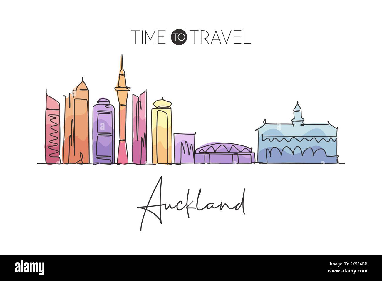 One single line drawing of Auckland city skyline, New Zealand. World ...