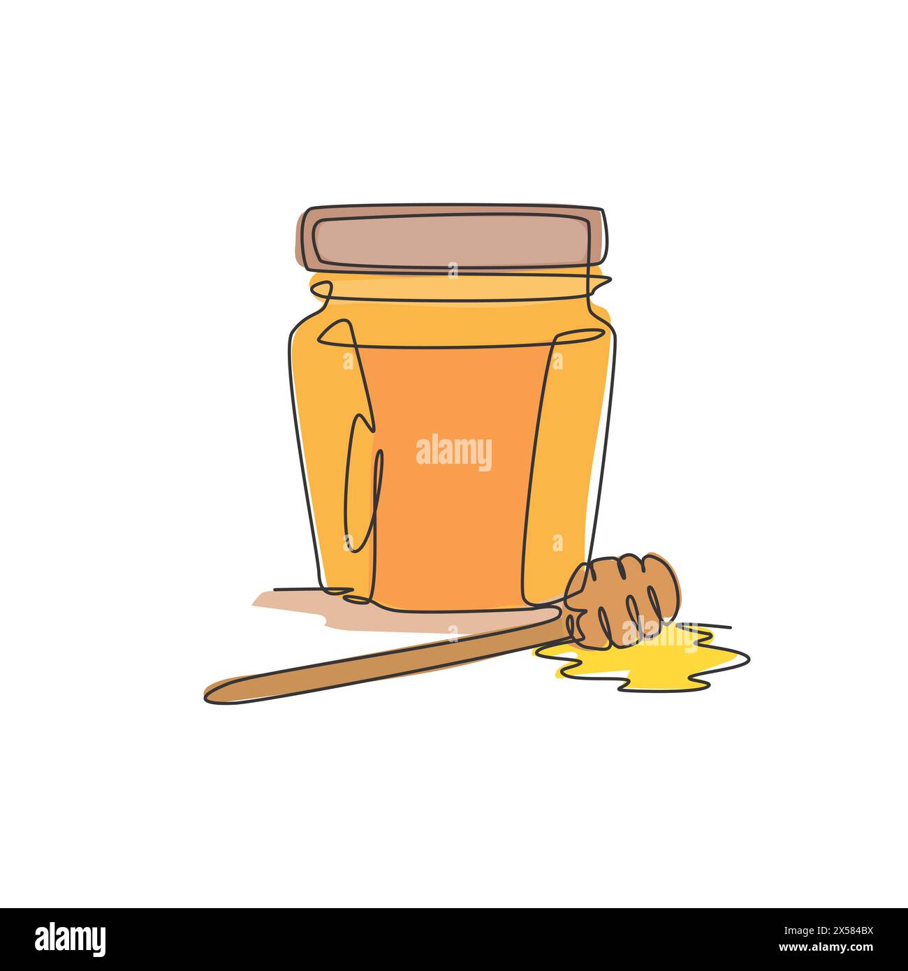 Single continuous line drawing of stylized sweet honey on glass jar ...