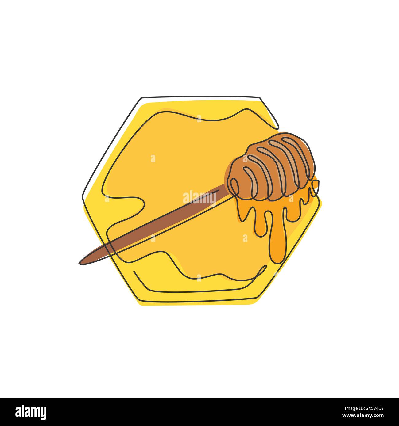 One single line drawing of fresh sweet honey on wooden dipper dripped ...