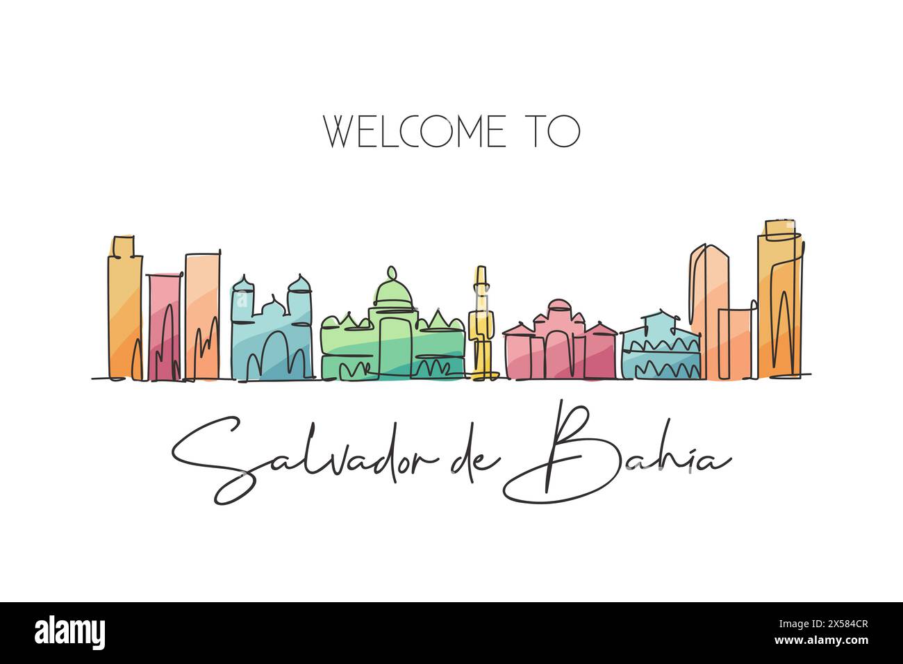 Single continuous line drawing of Salvador de Bahia skyline, Brazil ...