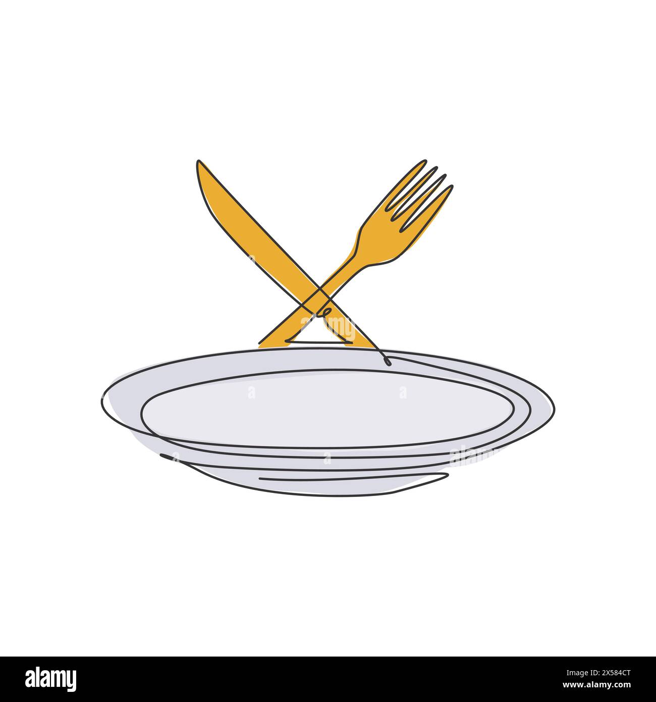 Single continuous line drawing of stylized empty plate fork and knife ...