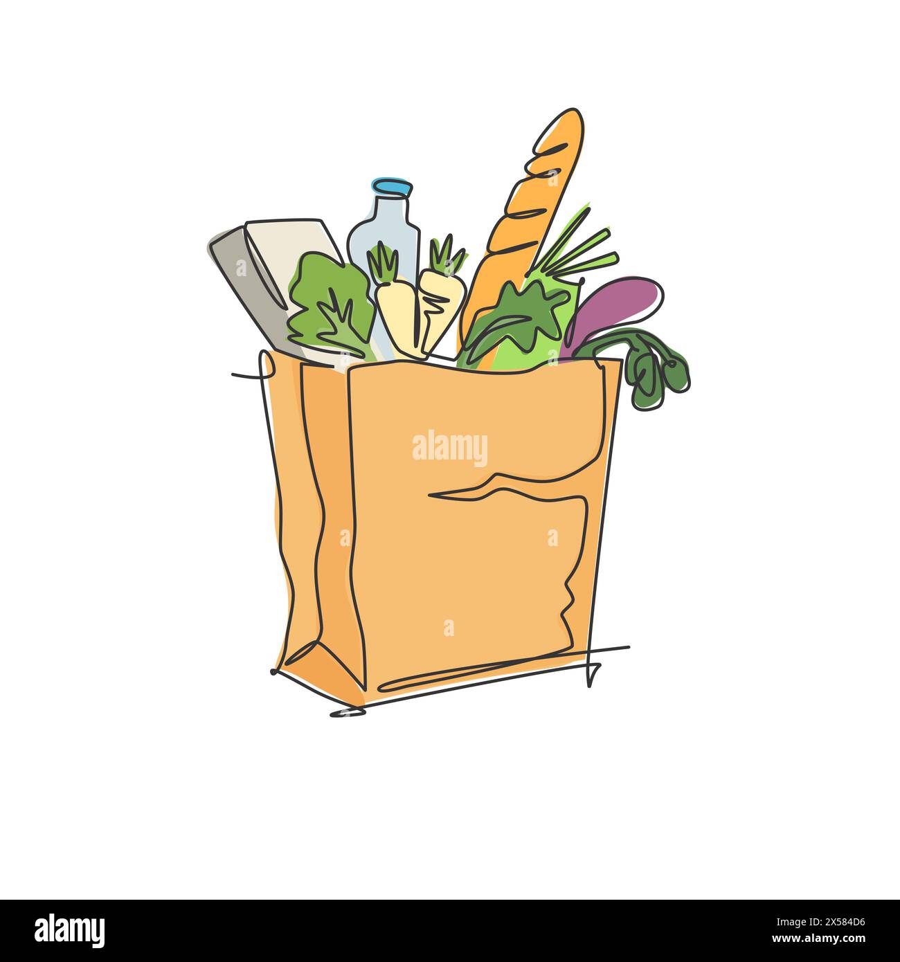One continuous line drawing of fresh delicious vegetables, milk ...