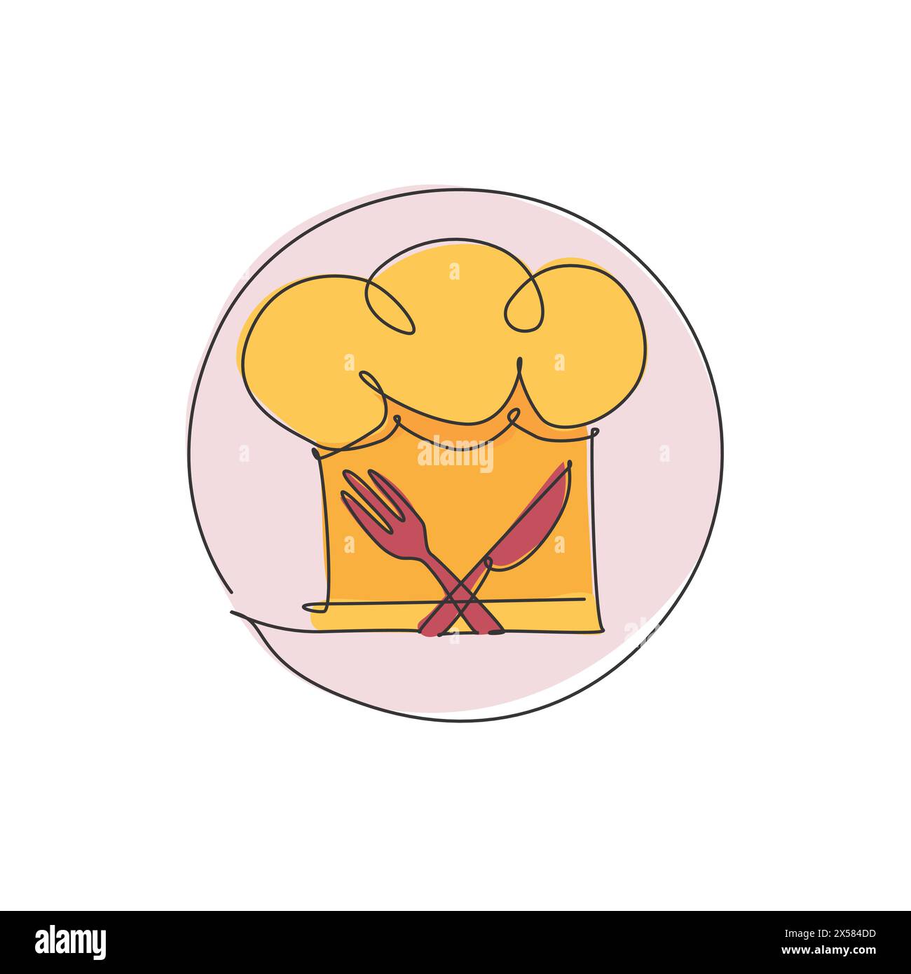 One single line drawing of chef hat or cap with fork and knife for ...