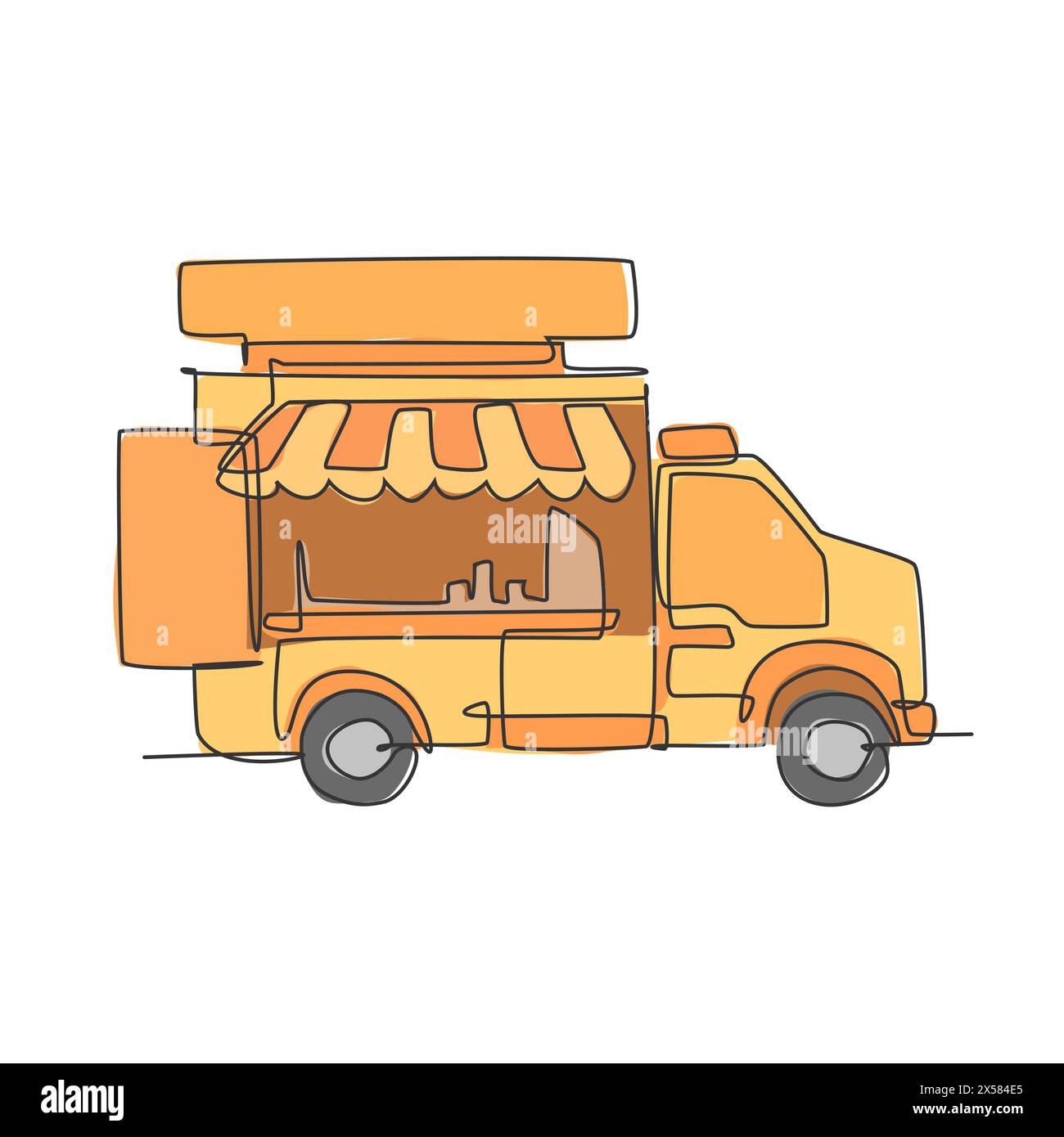 Single continuous line drawing of stylized food truck parking logo ...