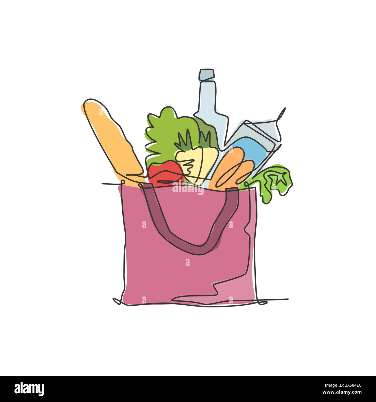 Single continuous line drawing of stylized paper grocery bag contain ...