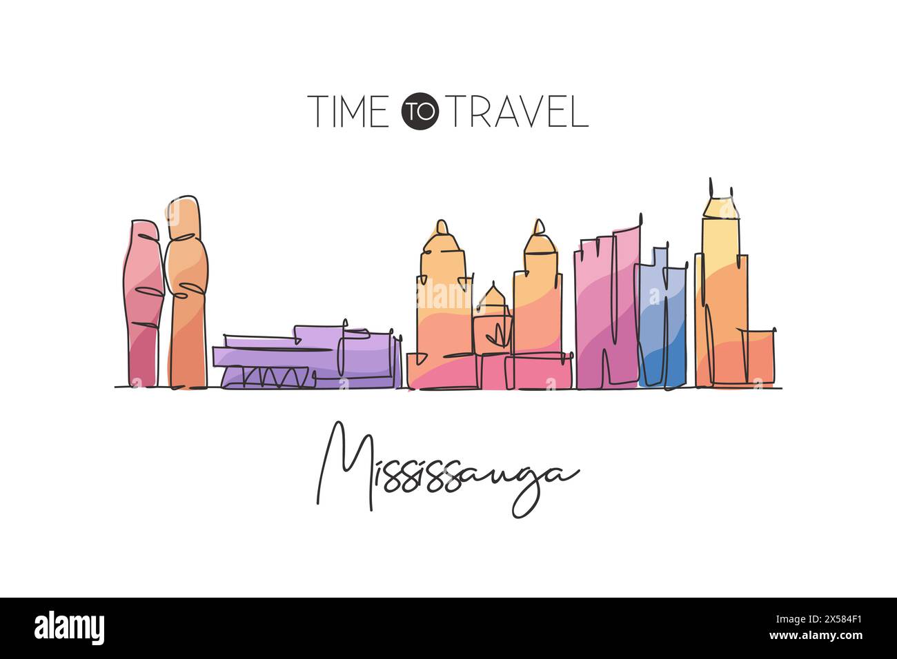 One continuous line drawing Mississauga city skyline, Canada. Beautiful ...