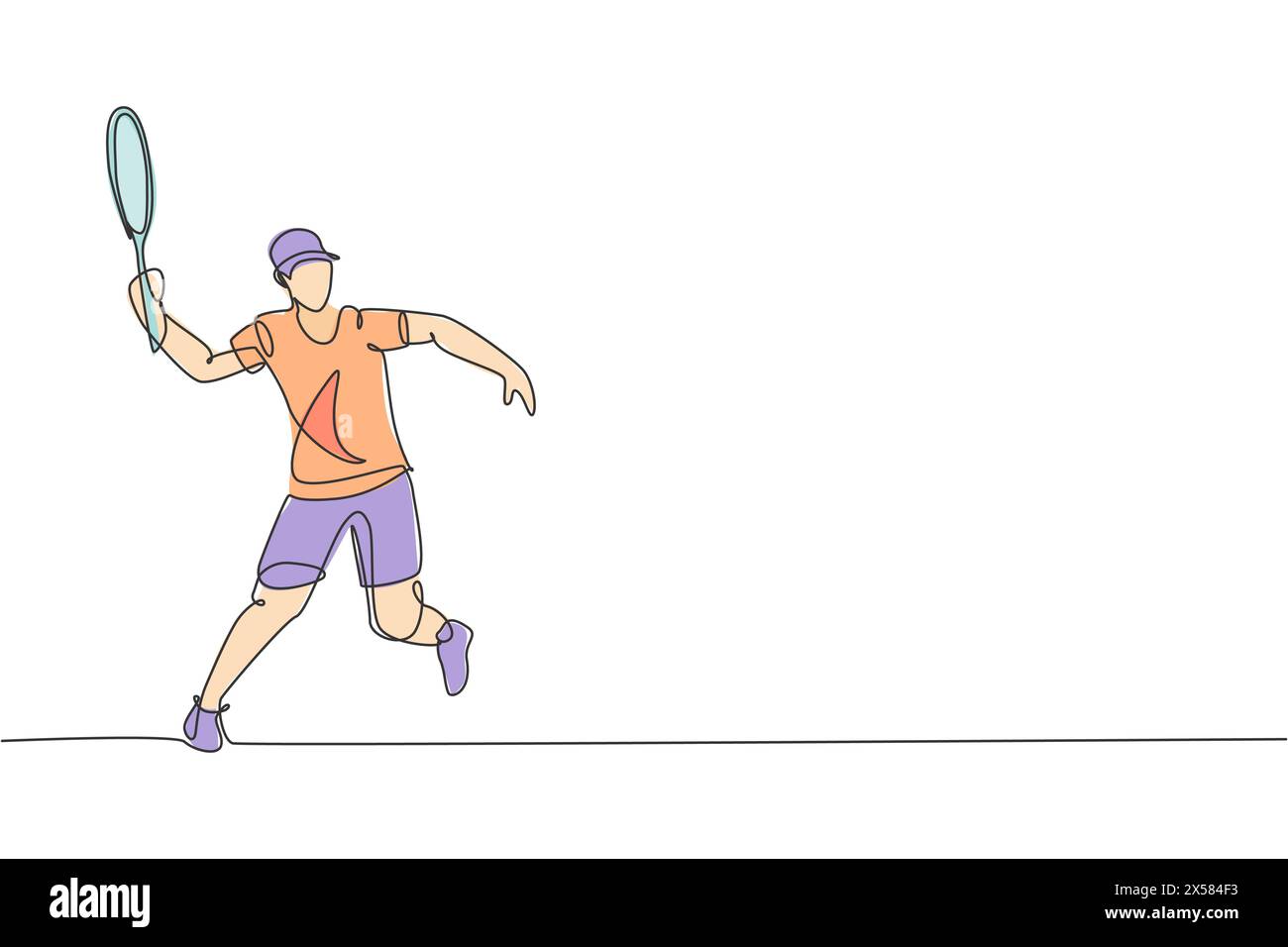 One single line drawing young energetic man tennis player hit the ball ...