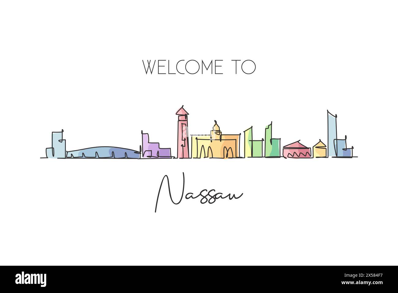 One continuous line drawing Nassau city skyline Bahamas. Beautiful ...