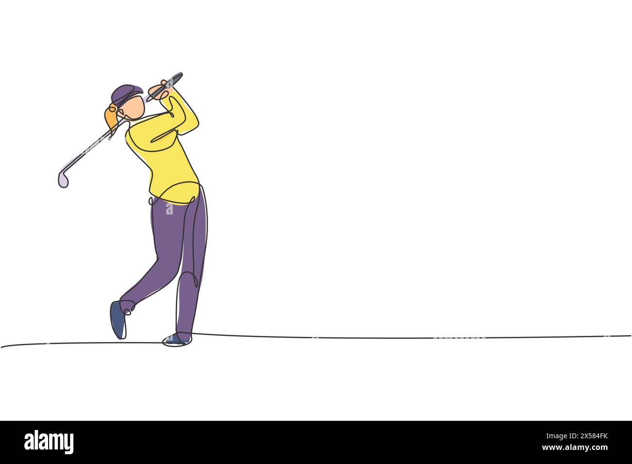 Single continuous line drawing of young happy golf player swing the ...