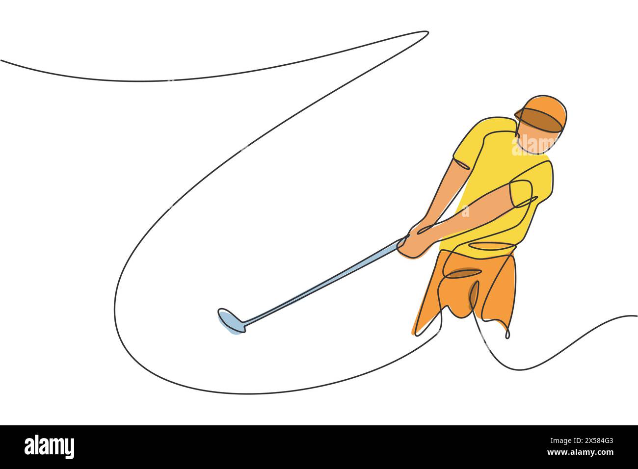 One continuous line drawing of young golf player swing golf club and ...