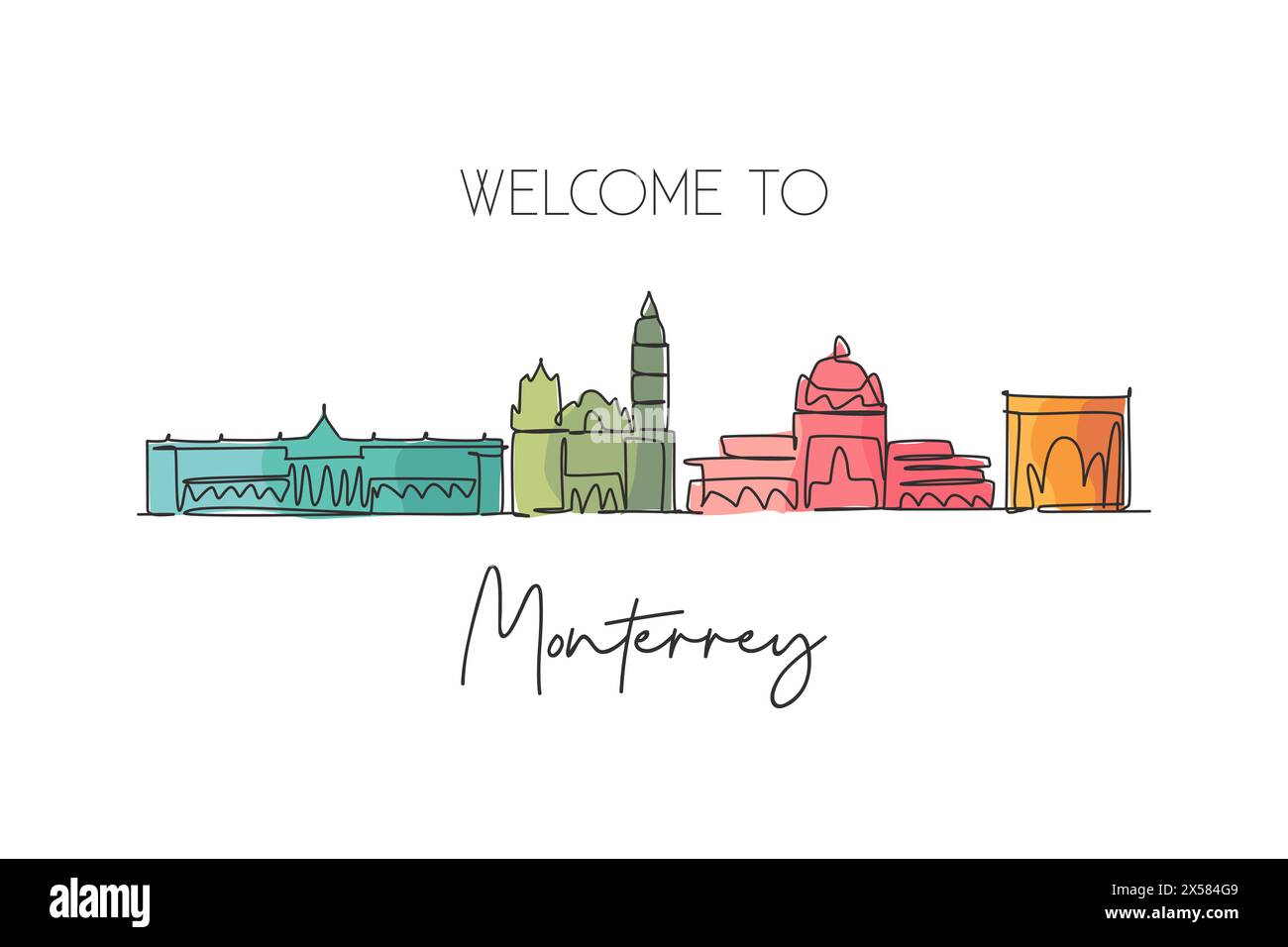 Single continuous line drawing of Monterrey skyline, Mexico. Famous ...