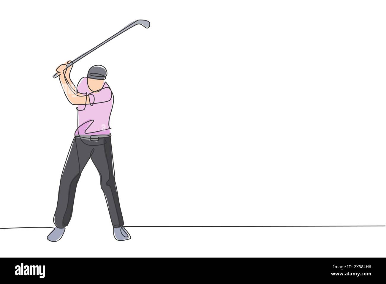 Single continuous line drawing of young happy golf player swing the ...