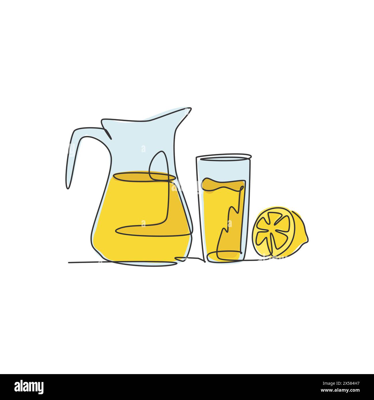 Single continuous line drawing of fresh stylized lemonade ice with sliced lemon. Restaurant ...