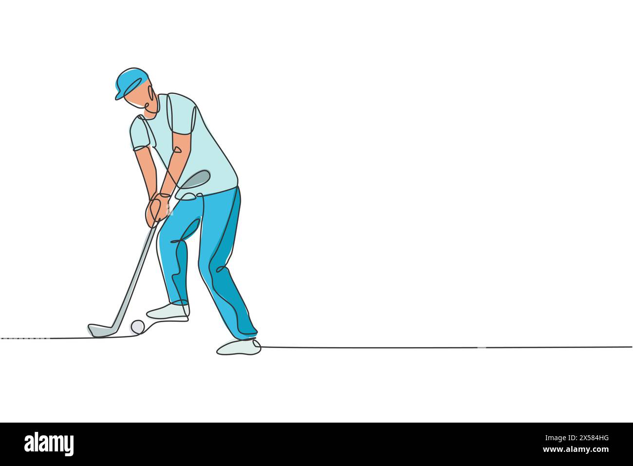 One single line drawing of young sporty golf player hit the ball using ...