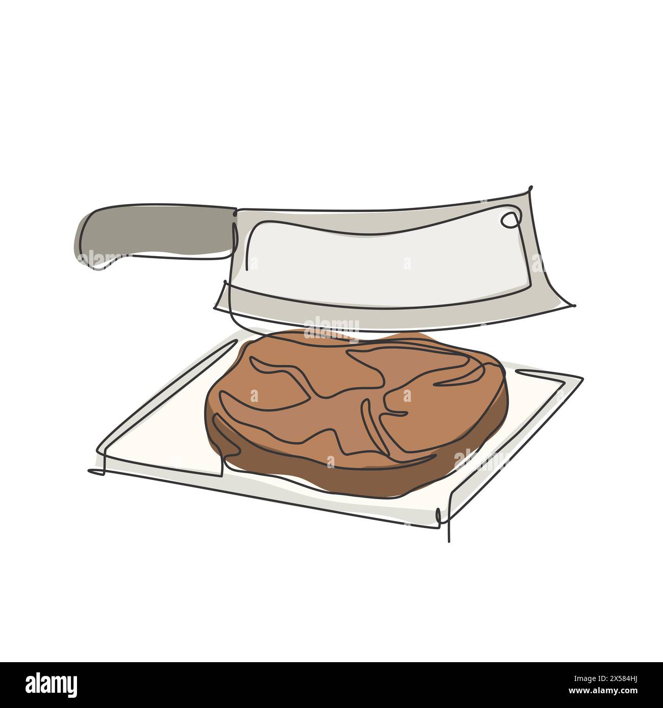One continuous line drawing of fresh delicious beef steak on hot plate ...