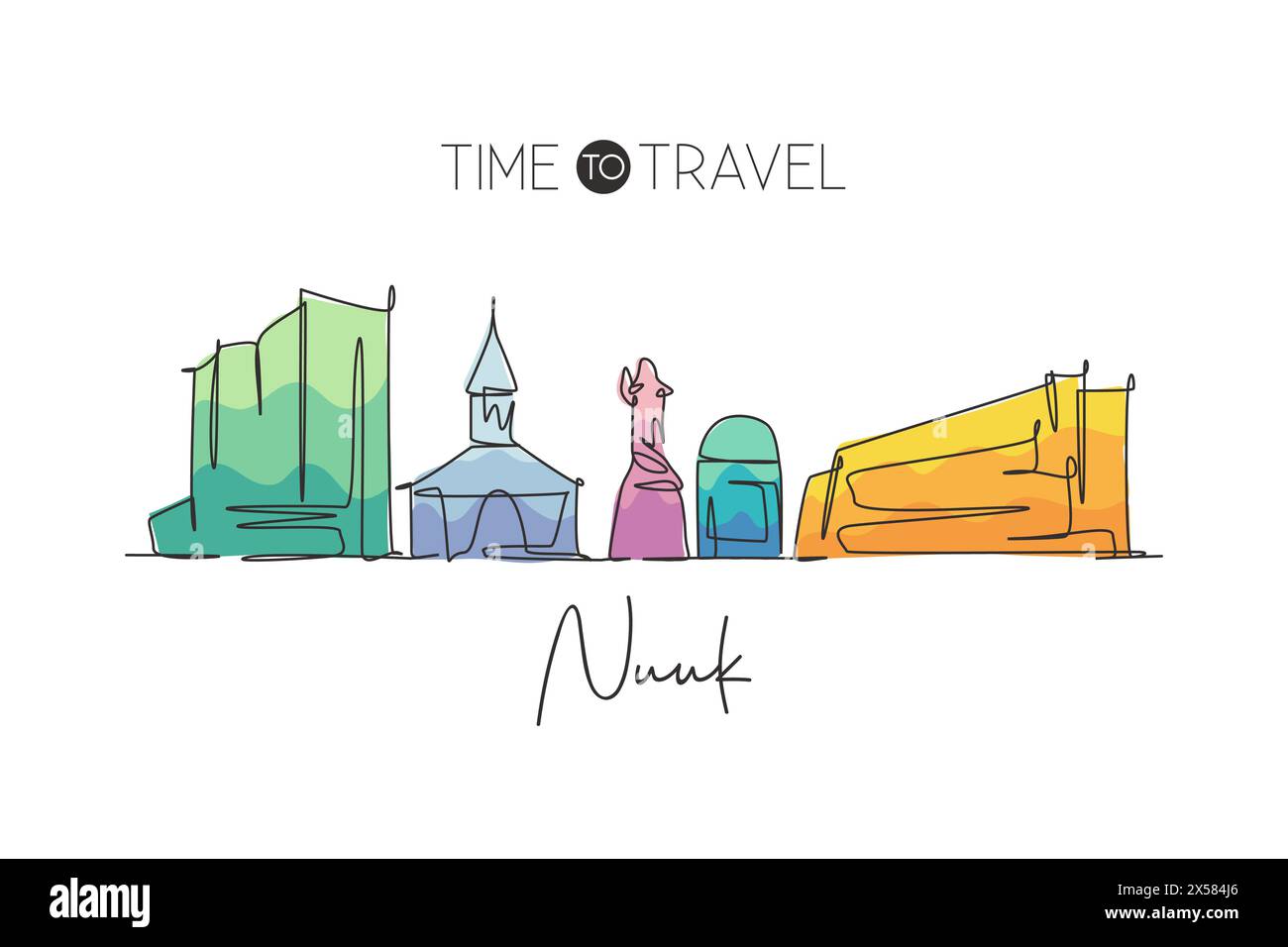 One single line drawing of Nuuk city skyline, Greenland. World town ...