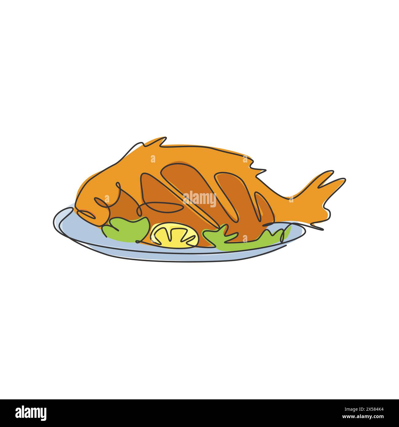 Single continuous line drawing stylized baked sea fish logo label ...