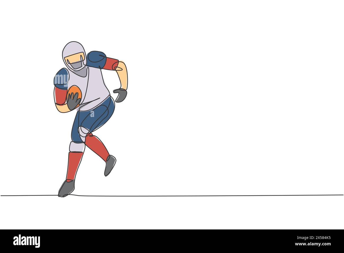 One single line drawing of young energetic american football player running to avoid opponents ...