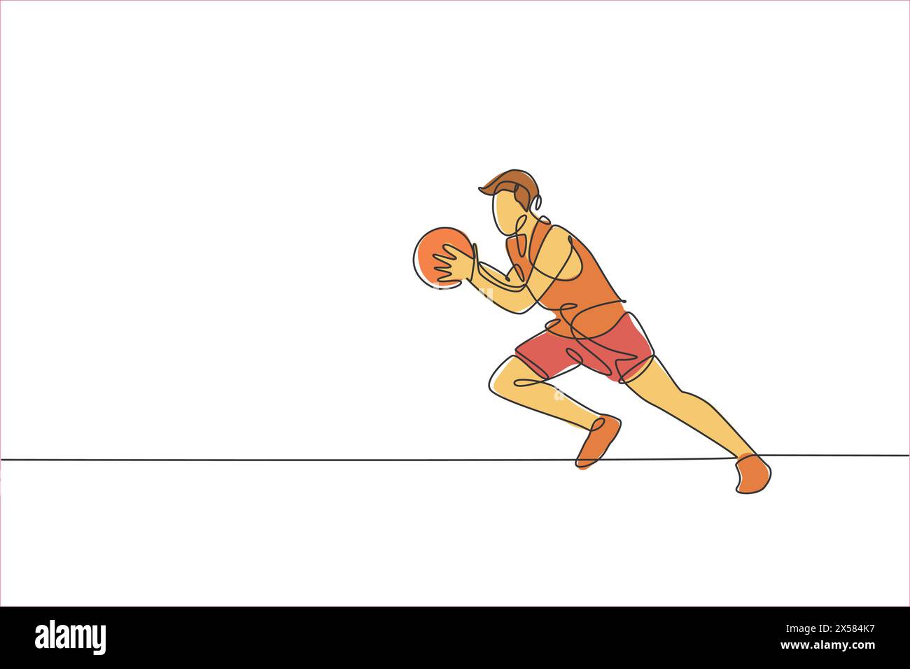 Single continuous line drawing of young healthy basketball male player ...