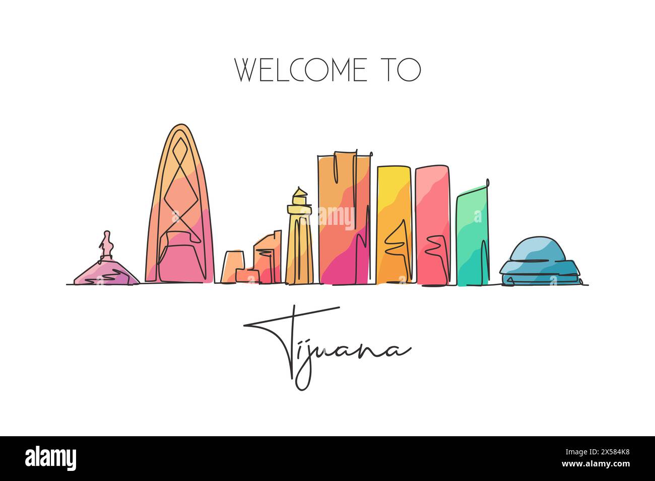 One continuous line drawing Tijuana city skyline, Mexico. Beautiful ...