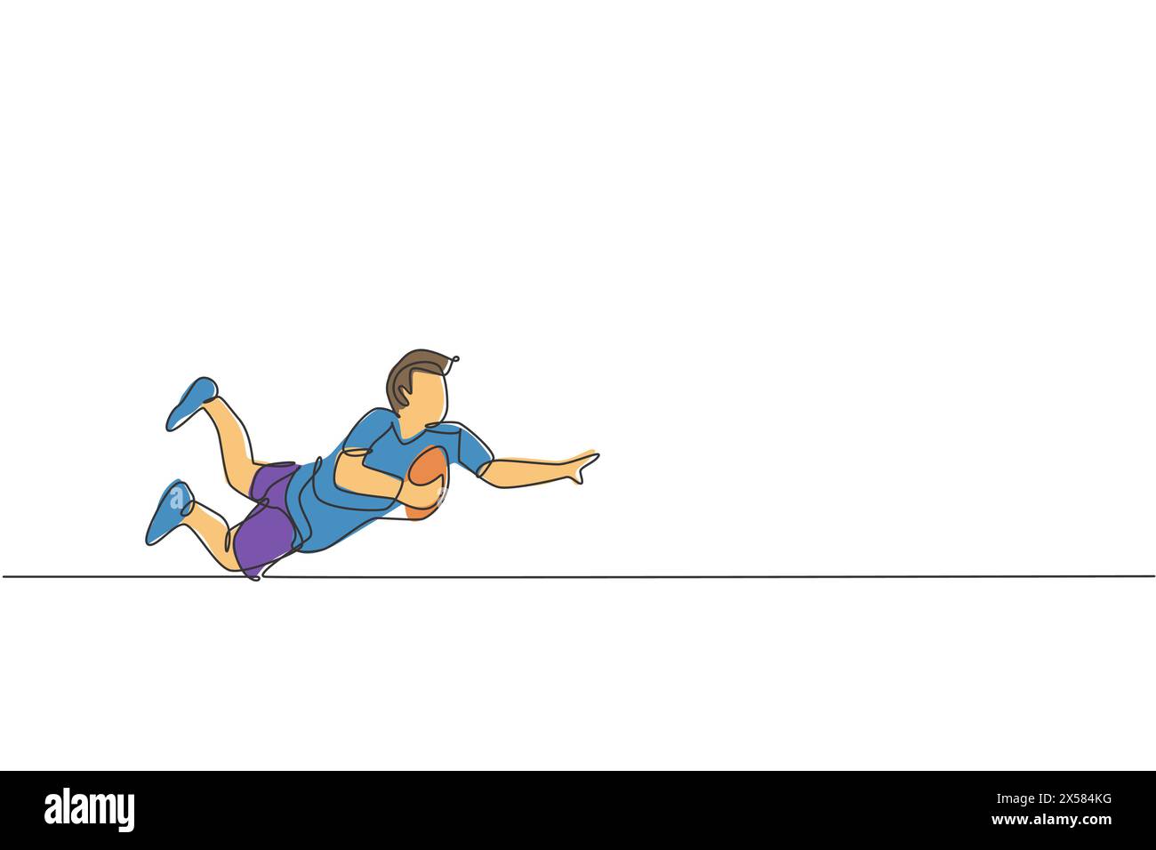 Single continuous line drawing of young agile rugby player jumping to ...