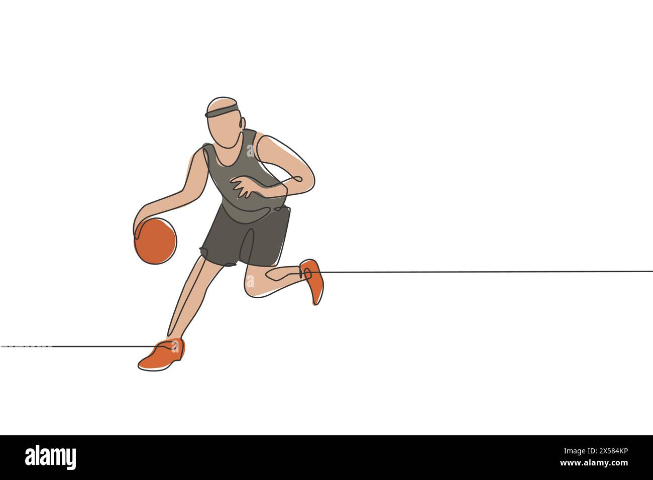 One continuous line drawing of young basketball player practicing and ...