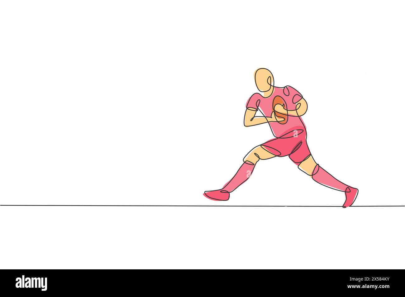 One single line drawing of young energetic rugby player running and holding ball vector ...