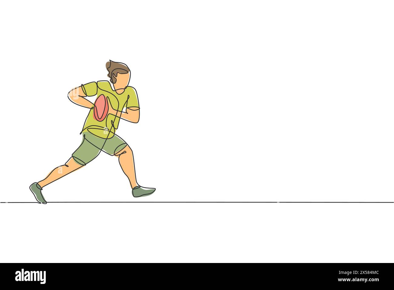 One continuous line drawing of young man rugby player training and ...