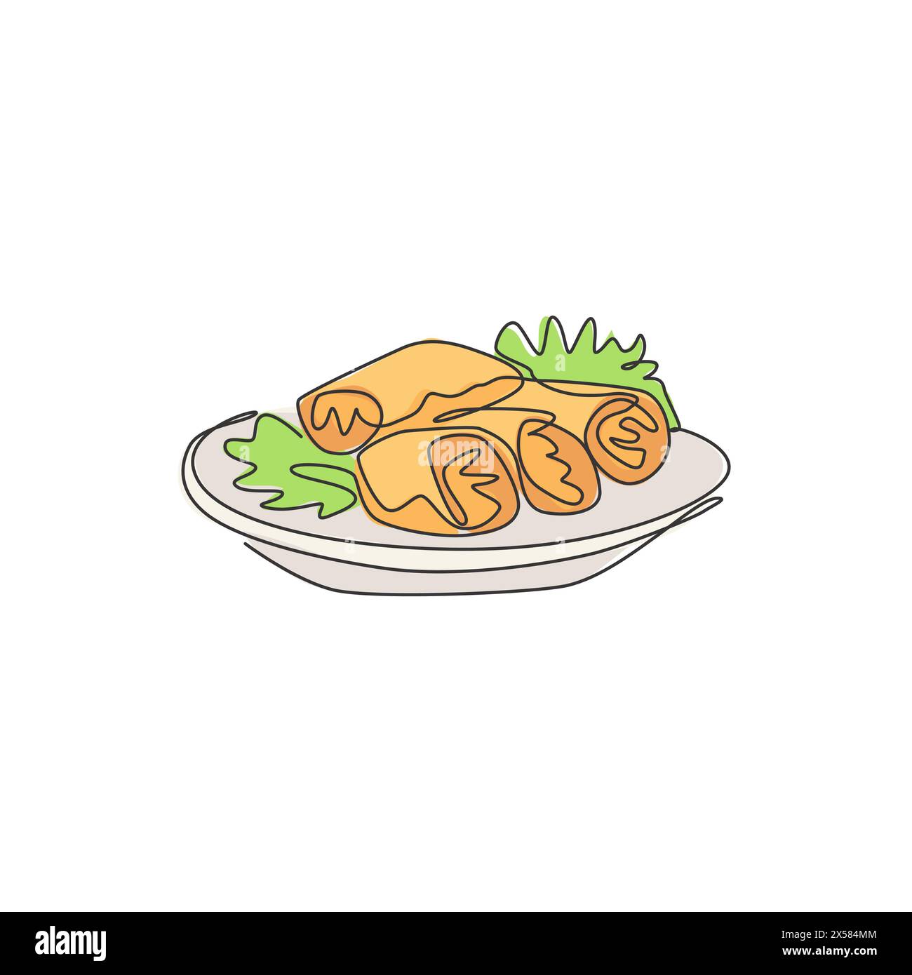 Single continuous line drawing of stylized Chinese spring roll on plate ...