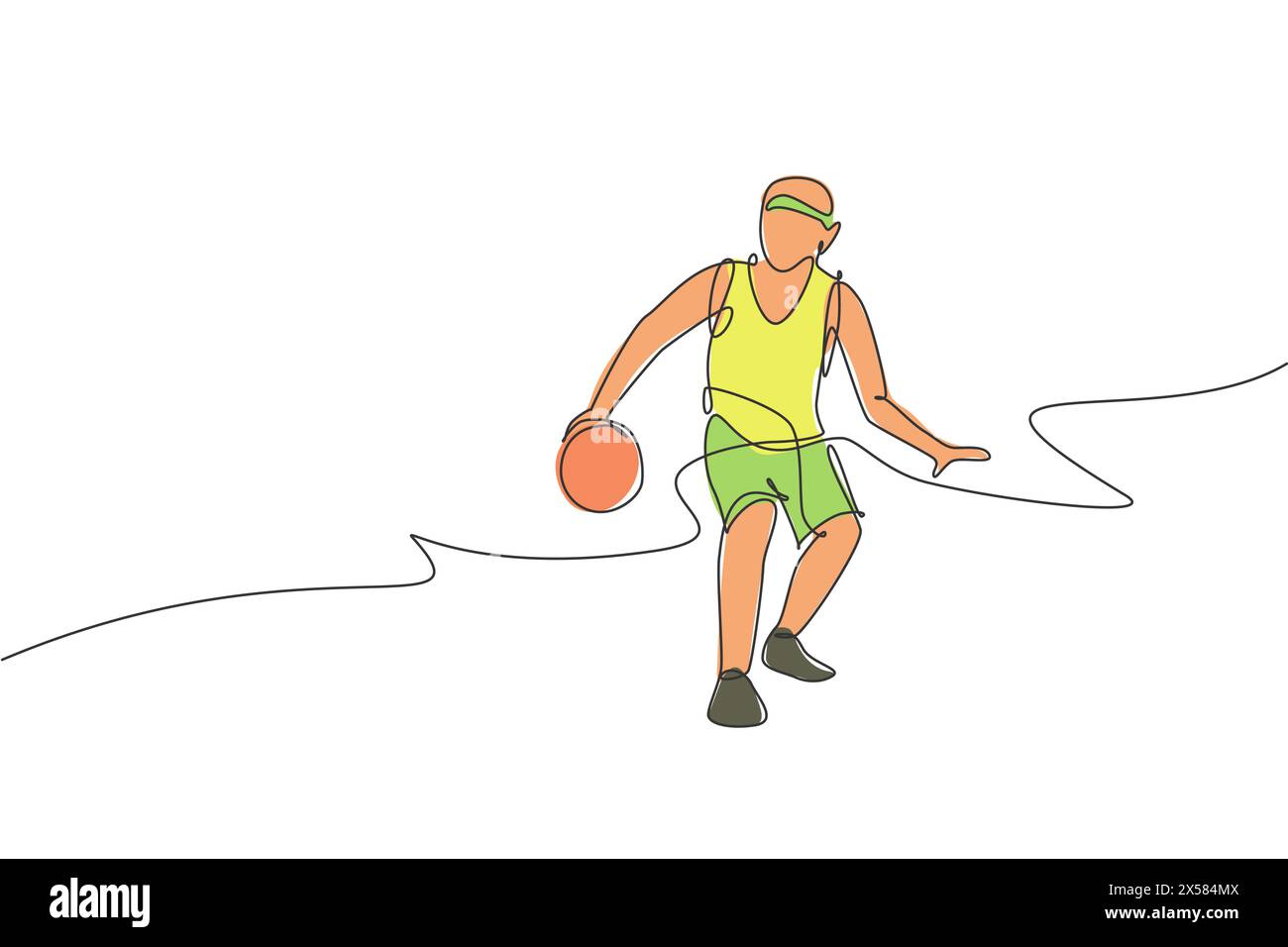One continuous line drawing of young basketball player training at ...